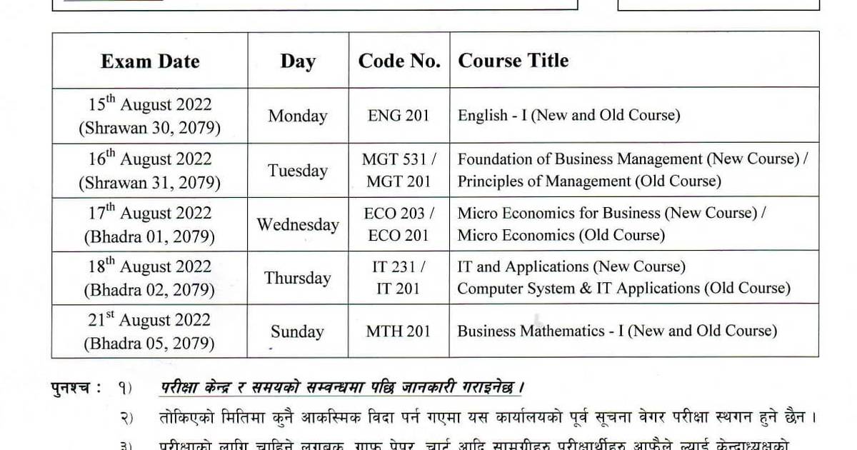 BBA, BIM, BBM, BBA-F, BPA, BHM, BTTM and BMS First Semester Exam Schedule: Tribhuvan University ...