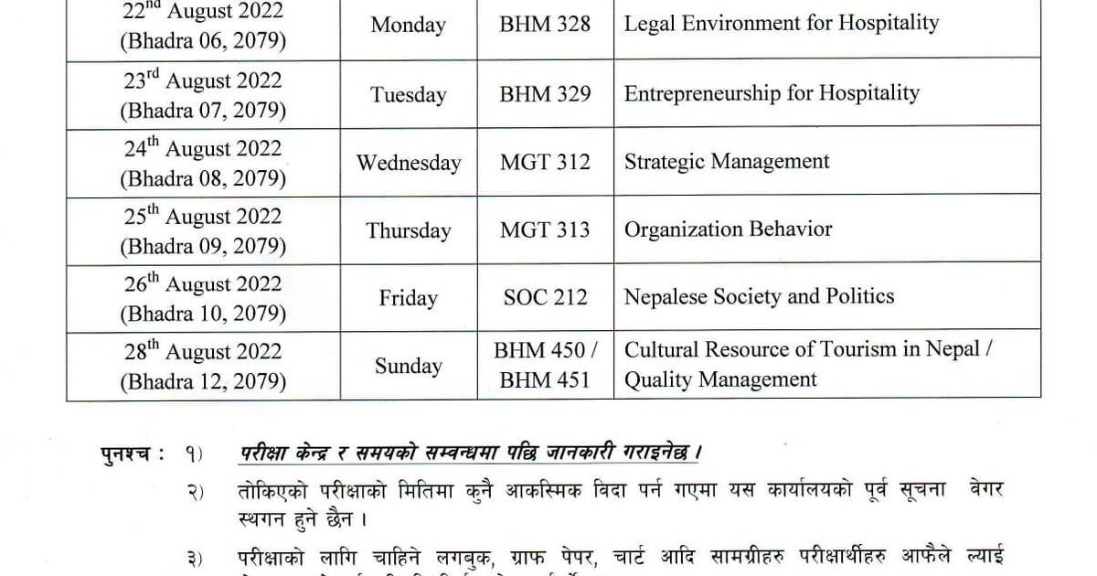 BHM Eighth Semester Exam Schedule: Tribhuvan University - Edusanjal