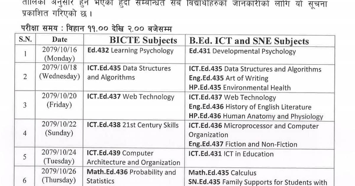 BICTE and BEd (ICT and SNE) Third and Eighth Semester Exam Schedule ...