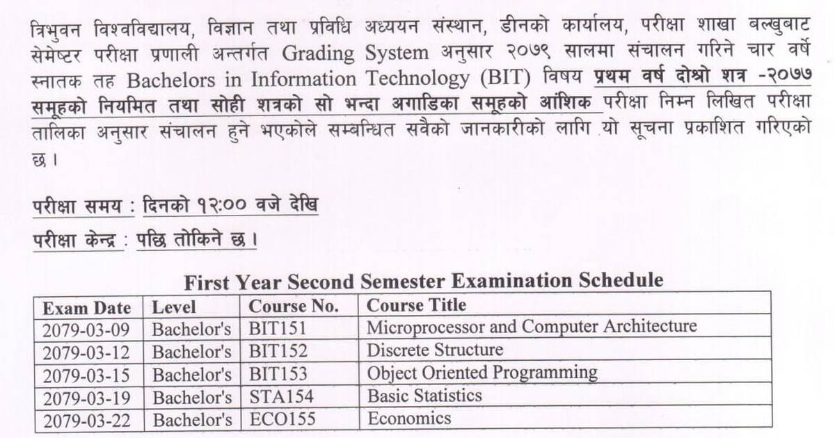BIT Second Semester Examination Schedule: Tribhuvan University - Edusanjal