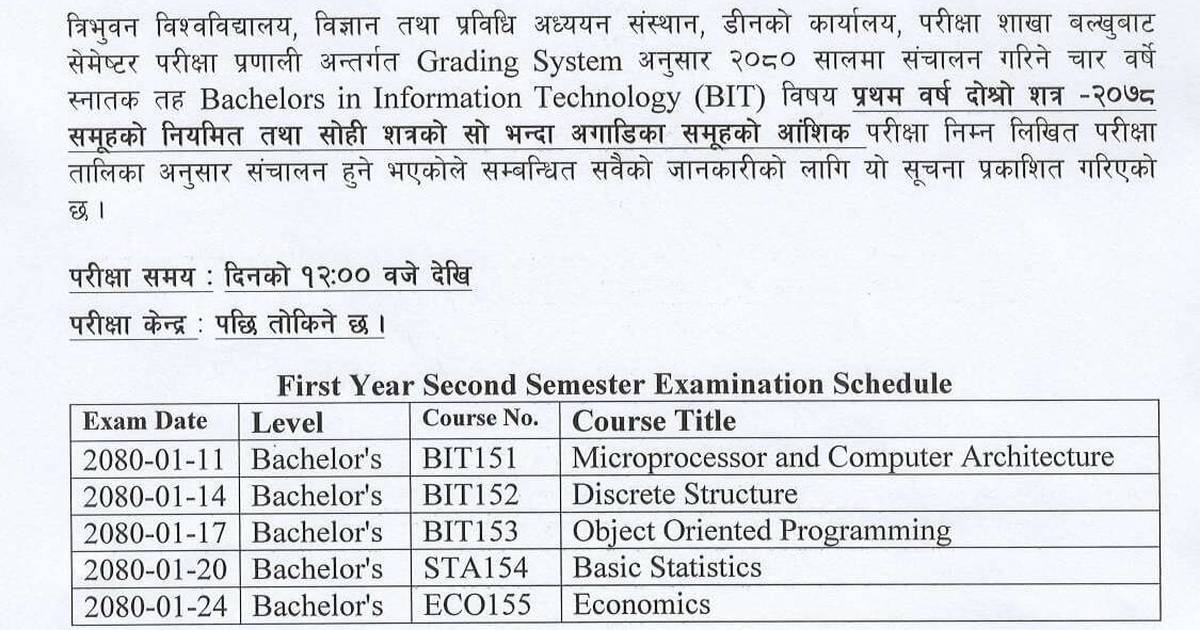 Bit Second Semester Exam Schedule Tribhuvan University Edusanjal