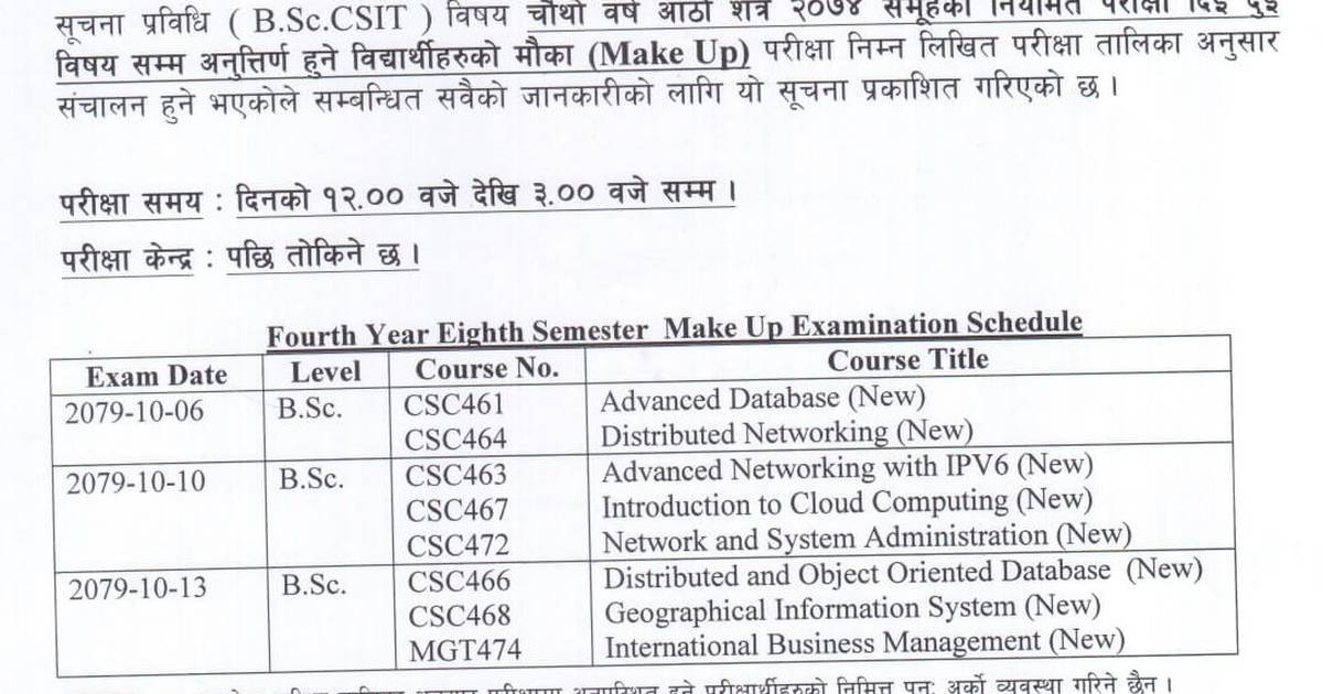 B.Sc. CSIT Eighth Semester Make Up Exam Schedule: Tribhuvan University - Edusanjal