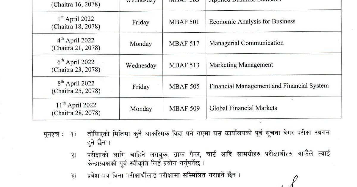 MBA-F, MBA-CL, and MBA-M First Semester Exam Schedule: Tribhuvan ...