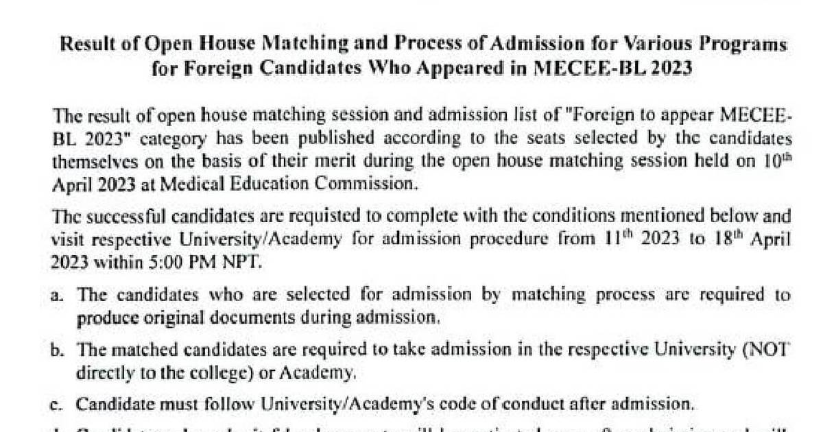 Result of Open House Matching for Foreign Candidates - MECEE-BL 2023 ...