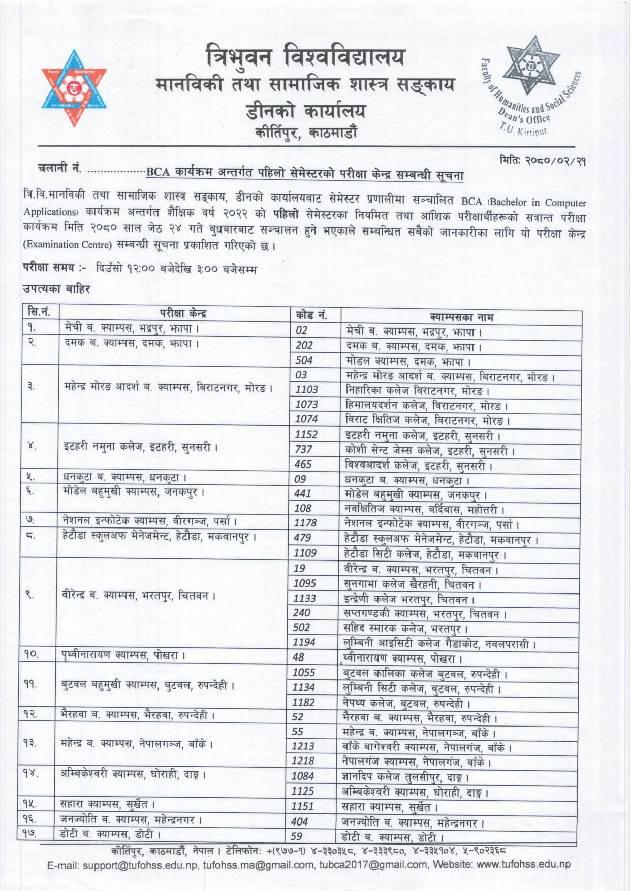 BCA First Semester Exam Centers - TUFoHSS - Edusanjal