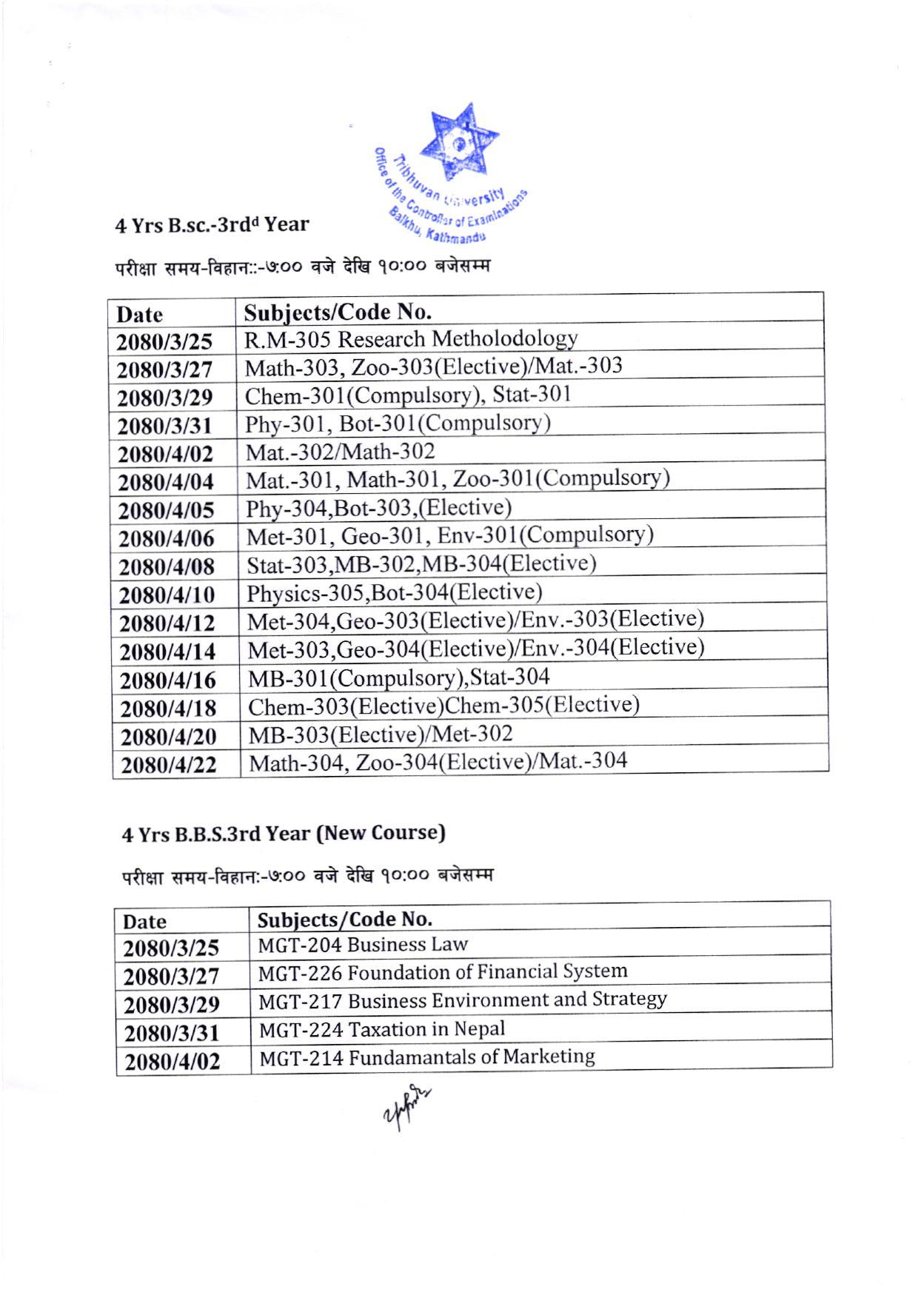 4 Years BSc, BBS, BA, and BEd Third Year Exam Reschedule - TU - Edusanjal