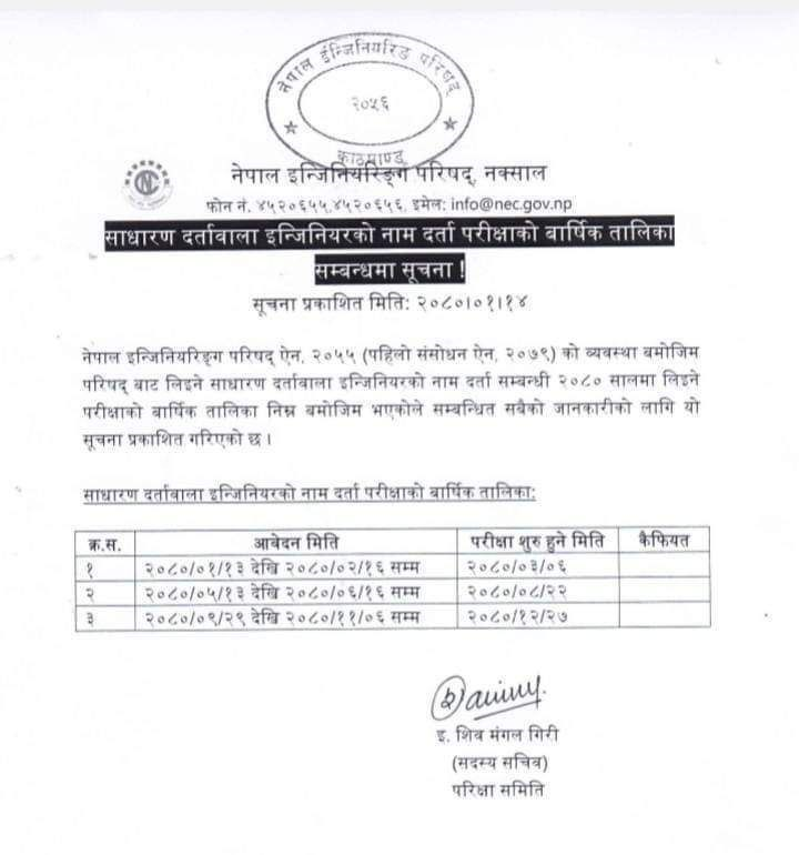 Nepal Engineering Council Licensing Exam Calendar 2080 - Edusanjal