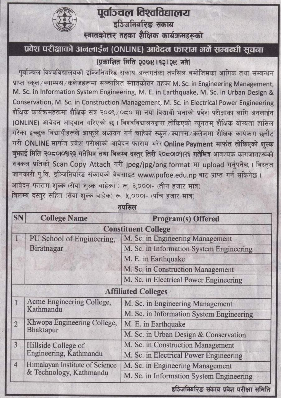 Masters Level Entrance Exam Notice: Purbanchal University, Faculty of ...