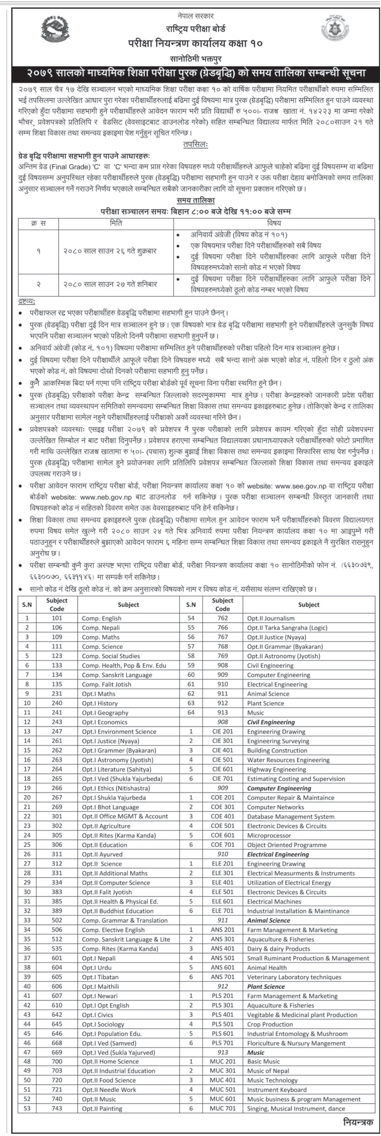 SEE 2079 Grade Increment Exam Notice: NEB - Edusanjal